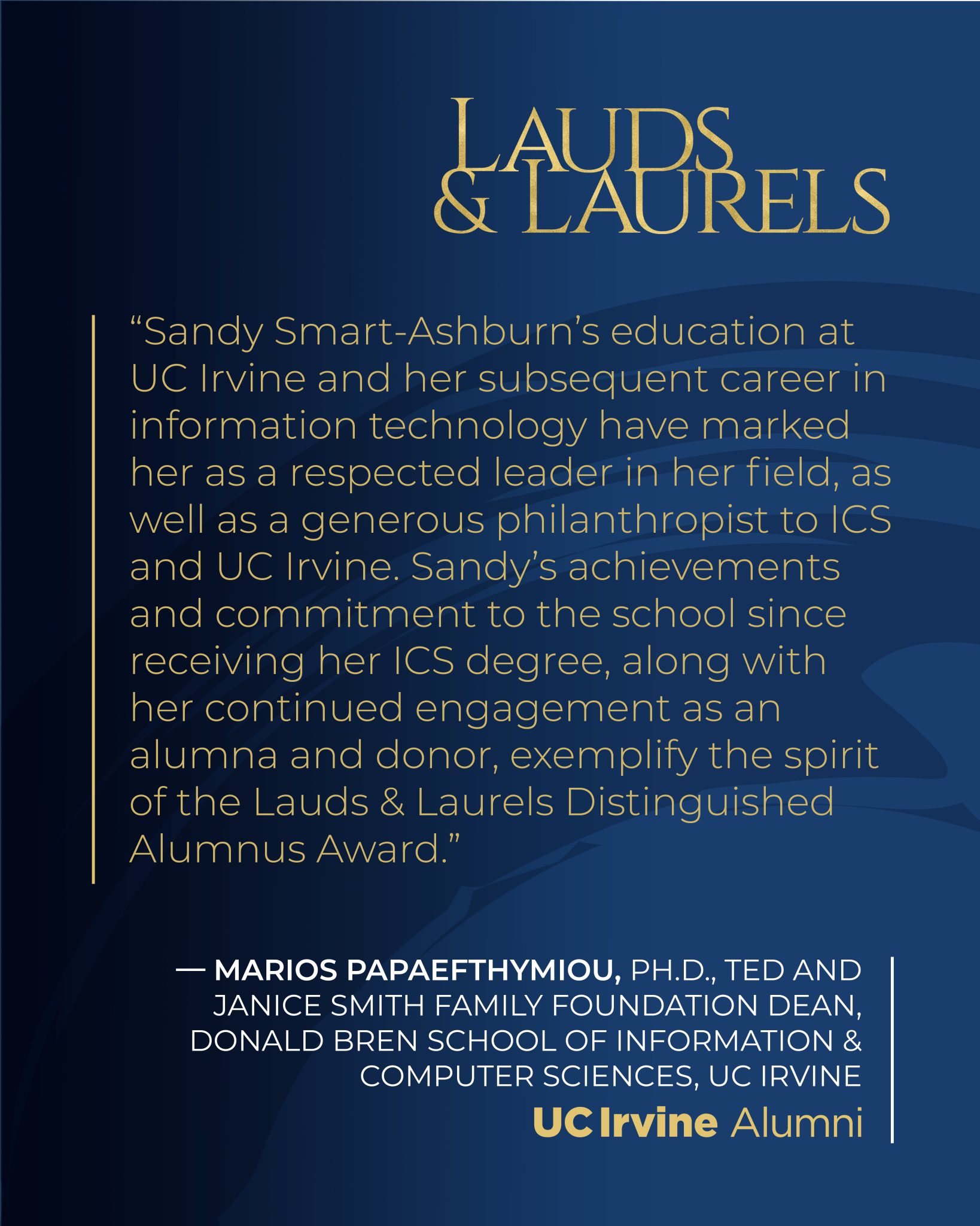 Lauds and Laurels Bio 2025 Sandra Smart-Ashburn – engage.alumni.uci.edu